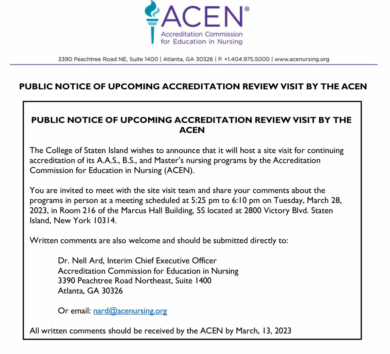 Public Notice of Upcoming Accreditation Review Visit by ACEN | CSI Today